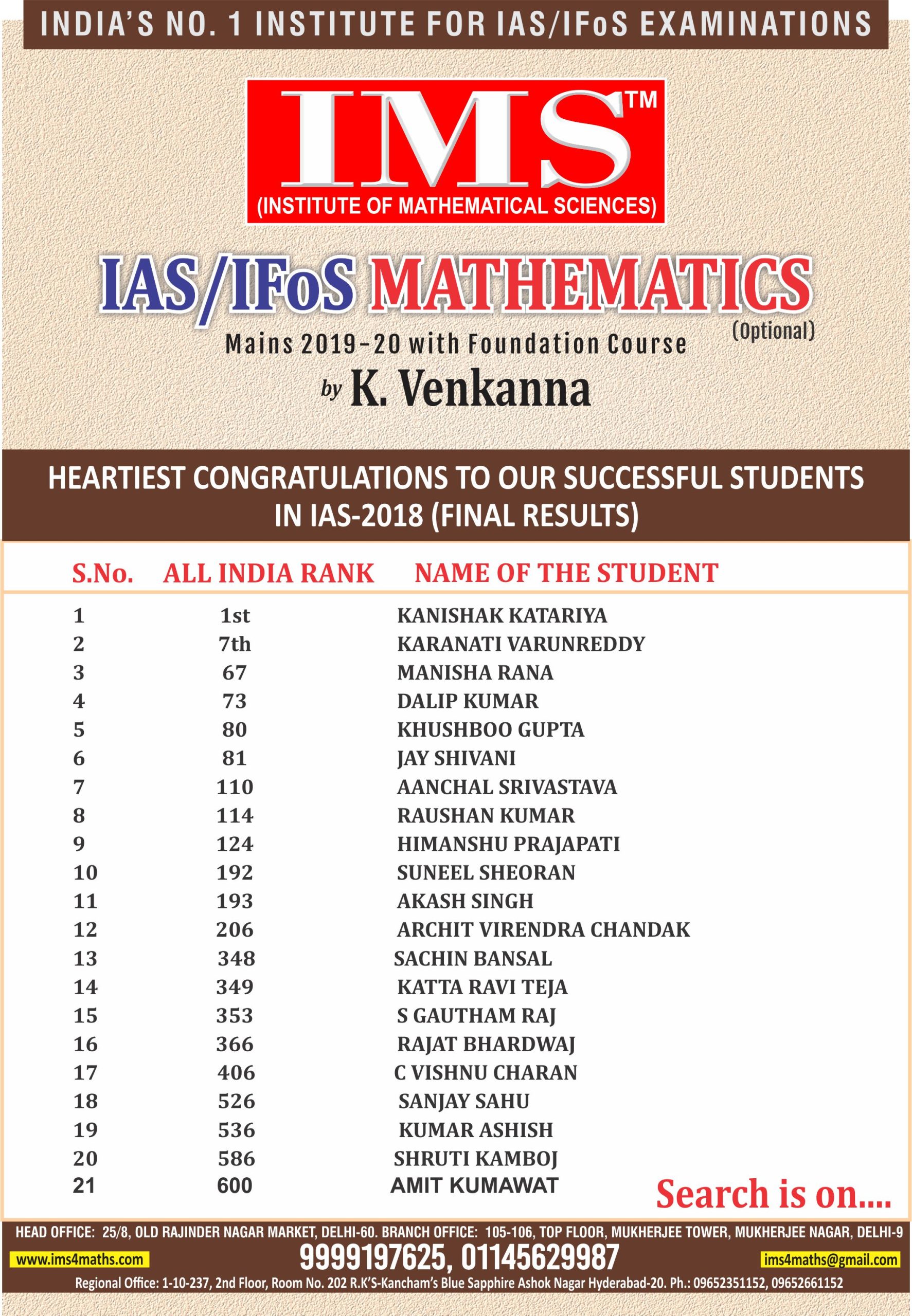 IAS Result 2018 – IMS4Maths by K. Venkanna Sir